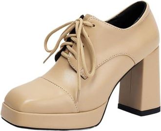 SJJH Chaussures &agrave; plateforme r&eacute;tro pour femme - Talon bloc de 9,5 cm - Chaussures &agrave; lacets avec embout carr&eacute; et plateau de 2 cm - Semelle antid&eacute;rapante pou