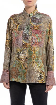 Replay Damen Bluse Langarm All Over Print, Multicolor 010 (Mehrfarbig), XXS