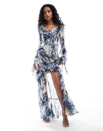 Asos Robe longue &agrave; manches longues et imprim&eacute; roses avec volants et empi&egrave;cements en dentelle-Multicolore