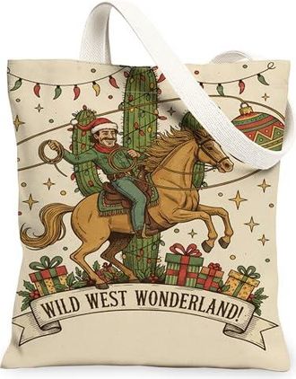 Generic Sacs fourre-tout en toile Wild West Wonderland, motif vacances festives, sacs de courses r&eacute;utilisables, l&eacute;gers et lavables avec bandouli&egrave;re C, beige, 