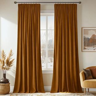 Miulee Lot de 2 rideaux en velours avec galon fronceur - 140 x 260 cm - Belle épaisseur et lourde - Décoration pour salon, chambre à coucher - Marron doré