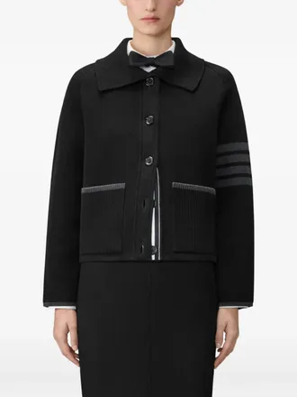 Thom Browne Womens Veste Polo Col Double Piq&ucirc;re En Coton Et Laine M&eacute;rinos &Agrave; Rayures 4 Barres Black Jacket