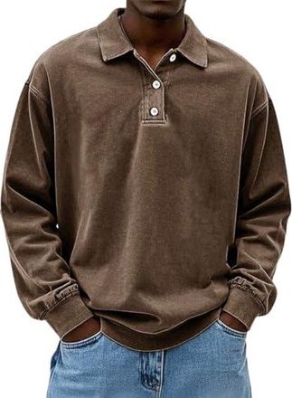 Generic Chandails en polaire pour homme, chemises &agrave; manches longues en coton &agrave; col standard 1/4 de bouton, coupe d&eacute;contract&eacute;e, couleur unie, haut thermique d&eacute;