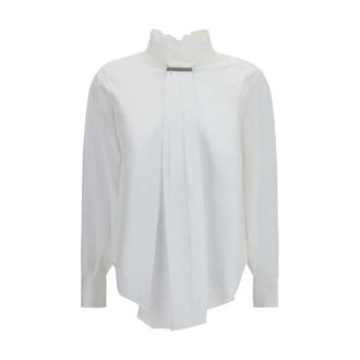Brunello Cucinelli Pleated High-Neck Cotton Blouse - White
