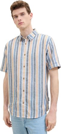Tom Tailor Herren Regular Fit Leinen Hemd mit Muster, 34722 - Navy Orange Blue Stripe, L