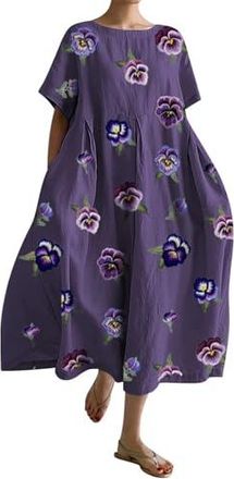 Generico Robe en Lin Femme Large Élégant Décontracté Robes en Lin Boho Longue Confortable Vêtements dÉté Grande Taille Printemps Vacances Robe Boho Élastique V