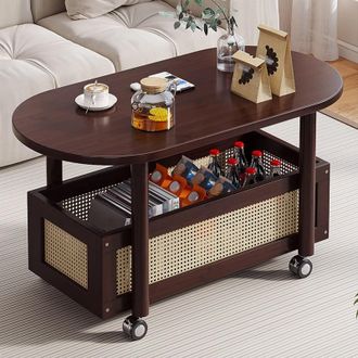 Generic Landhaus Couchtisch mit Stauraum, Ovaler Wohnzimmertisch mit Zwei Ebenen und Drehbaren Rollen, for Tassen, Bücher, Snacks und Zeitschriften