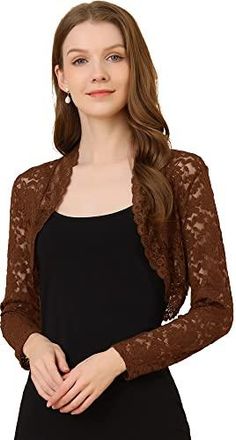 Allegra K Bol&eacute;ro Dentelle Florale Femme Cardigan Court Ouvert Devant &agrave; Manches Longues Bol&eacute;ro &Eacute;l&eacute;gant pour Invit&eacute; de Mariage et Cocktail Gilet Court Demi-Transp