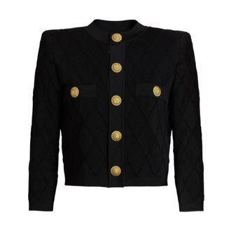 Balmain Cropped Strickjacke mit Struktur und Goldkn&ouml;pfen - - Knitwear - Damen - Schwarzk - XS