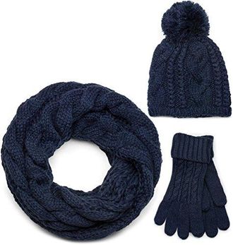 styleBREAKER Ensemble composé dune écharpe, dun bonnet et de gants, écharpe loop avec motif tricoté, bonnet à pompon et gants, femmes 01018208, couleur:Bleu foncé/