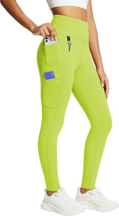 Baleaf Damen Fleece gef&uuml;tterte Leggings Wasserabweisend Hohe Taille Wanderleggings Thermo Leggings Fahrradhose Laufhose mit Rei&szlig;verschlusstaschen Leuchtgelb 