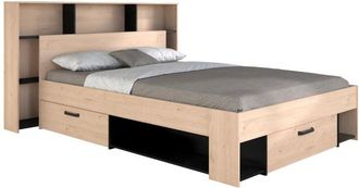 Vente-Unique Lit 140 x 190/200 cm avec tête de lit et rangements - Coloris : Naturel et noir - KINSELIA