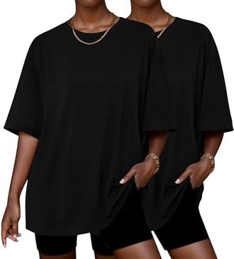 Ekouaer Tee Shirt Femme 2 Pack Ample Surdimensionn&eacute; T Shirt &agrave; Manches Courtes Basique Haut Oversize Tshirt Col Rond, Noir + Noir XXL
