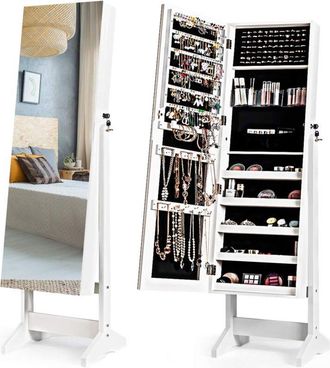 Costway Costway - Standspiegel mit Schmuckschrank abschliessbar, freistehender Ganzkoerperspiegel, Schmuckorganisator mit 120 Ohrringfaechern, 24