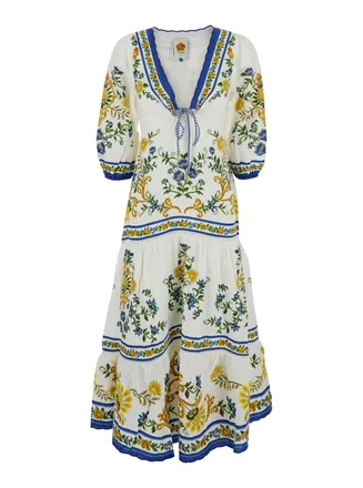 Farm Rio Floral Print V-Neck Dress - White