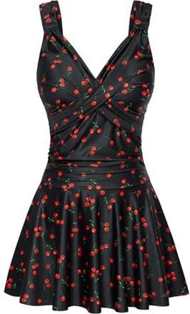 Grace Karin Maillot de bain une pi&egrave;ce pour femme - Contr&ocirc;le du ventre - Maillot de bain avec jupe, Cerise sur noir, XL