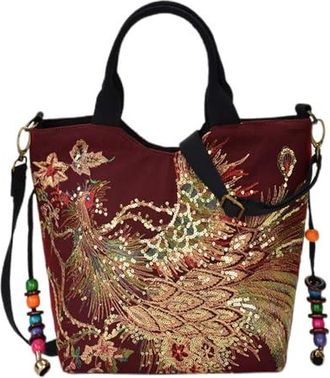 Generic Sac à bandoulière pour femme - Motif paon brodé - Paillettes brillantes - En toile - Avec bretelles réglables - Style vintage - Polyvalent - Léger - F