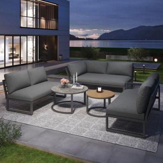 STILVORA Salon de Jardin avec 1 Canap&eacute; dAngle, 2 Canap&eacute;s et 2 Tables Basses, Dossier Haut, Coussins Inclus, pour 6 &agrave; 7 Personnes, M&eacute;tal et Polyester, Beige
