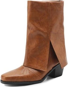 Generic Bottes mi-Mollet en Cuir PU à Bout carré rétro pour Femmes, avec Fente latérale, Talons Block épais mi-Hauts, à Enfiler, Chaussures de fête décontract