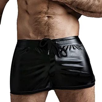 Generic Short en cuir synthétique pour homme - Cordon de serrage - Taille élastique - Jambe droite avec poches - Short cargo en cuir synthétique - Pantalon mo