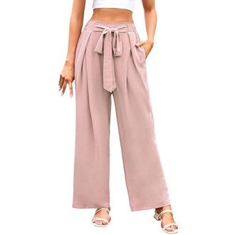 Generic Pantalon en coton et lin pour femme - Jambe large - Pantalon de plage d&eacute;t&eacute; pour femme - Confortable - Pantalon de yoga Palazzo XIYU26070, rose, XS