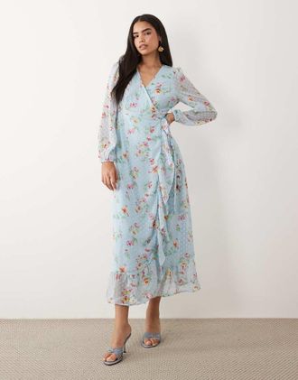 Vila Maxi-Wickelkleid aus Dobby-Stoff in Hellblau mit R&uuml;schen und Blumenmuster