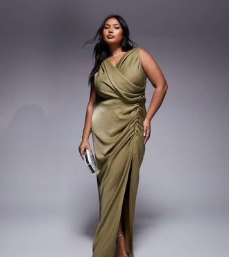 Asos Curve ASOS DESIGN Curve - Robe longue drap&eacute;e devant avec fente - Vert clair