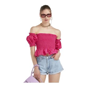 Silvian Heach Femme, Blouses et Chemises, Rose, Taille: 36 FR Haut à Volants Dénudant les Épaules