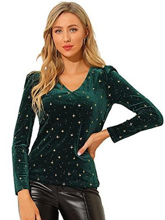 Allegra K Chemisier Femme Velours Col V Manches Longues Doré Métallisé Étoiles Brillantes Chemisier Vert M