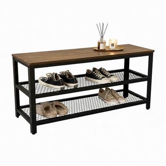 Relaxdays Schuhbank, f&uuml;r 8 Paar Schuhe, HxBxT: 45 x 100 x 30 cm, 2 Gitterablagen, Sitzbank in Holzoptik, braun/schwarz