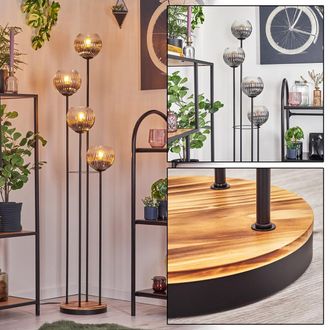 HOFSTEIN Stehleuchte Gastor, Stehlampe aus Metall/Holz/Riffelglas in Schwarz/Natur/Rauch/Klar, Leuchte im Retro/Vintage-Design (&Oslash; 15 cm), Fu&szlig;schalter, 147 cm, 