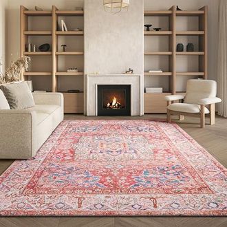 Safavieh Traditionell Teppich f&uuml;r Rug Ideal f&uuml;r stark frequentierte Bereiche - Maschinenwaschbar und rutschfest - Tucson Collection, Kurzer Flor, in Rose und C