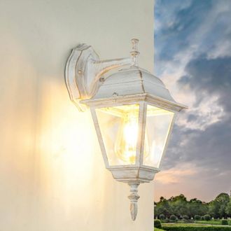 Licht-Erlebnisse Wandlaterne au&szlig;en Aluminium Glas E27 IP44 H: 34,5 cm in Wei&szlig; Gold Rustikal Wandleuchte aussen Hoflampe Gartenleuchte