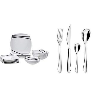 Amazon Basics Service de table 18 pi&egrave;ces - Lignes modernes, pour 6 personnes & Amefa Instinct M&eacute;nag&egrave;re 24 pi&egrave;ces - Coffret 6 personnes, Acier inoxydable, Finition b