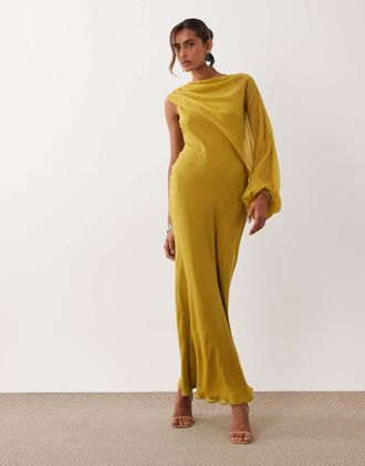 Asos robe longue biais drap&eacute;e &agrave; une manche jaune moutarde-Vert