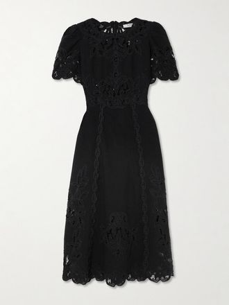 Sea New York Gianna Midikleid Aus Einer Baumwoll-leinenmischung Mit Stickereien Und Eins&auml;tzen Aus Guipure-spitze - Schwarz