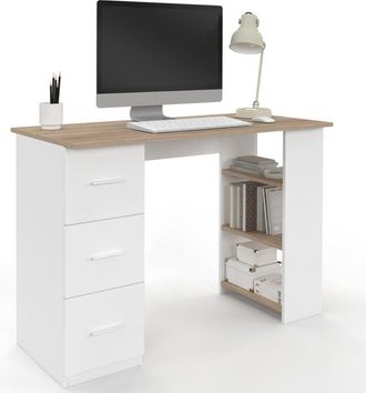 IDMarket Bureau droit MAE 3 tiroirs avec étagères de rangement blanc et bois