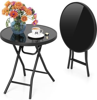 Giantex GOPLUS Beistelltisch rund, &Oslash;46cm Gartentisch klappbar aus Metall und geh&auml;rtetem Glas, Balkontisch klein wetterfest, Bistrotisch Kaffeetisch, Terrassen