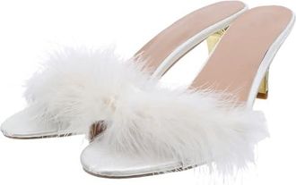 Yardwe Pantoufles D&eacute;t&eacute; &Eacute;l&eacute;gantes pour Femmes, Mules Backless &agrave; Talons Aiguilles, Texture Duveteuse, Adapt&eacute;es Au Shopping Et Bureau, Blanc Cass&eacute;, 39 EU