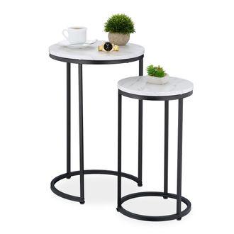 Relaxdays Satztisch, 2er Set, 2 Größen, Marmoroptik, Metall, runde Beistelltische, Wohnzimmer Couchtisch, weiß/schwarz