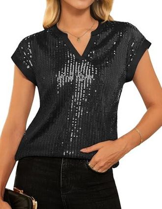 Grace Karin Chemisier &agrave; Paillettes pour Femme - &Eacute;l&eacute;gant - Col en V - Manches Courtes - Pour une Soir&eacute;e ou un Club, Noir, L