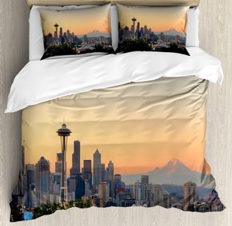 Abakuhaus Seattle Skyline Bettbezug Set für Einzelbetten, Berg Rainier, Milbensicher Allergiker geeignet mit Kissenbezug, 130 x 200 cm - 70 x 50 cm, Mehrfarbig