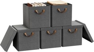 Woltu Cubes de Rangement Pliables Lot de 5, Boîtes en Tissu avec Couvercle, Poignée et Cadre en Métal, Gris, 30x30x29cm