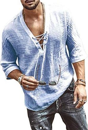 Onsoyours Hommes Chemises Solid Manches Longues Slim Fit Mode Oeil de Poulet à Lacets à Col en V pour Hommes Chemise à Manches Vintage Ample Bleu 4XL