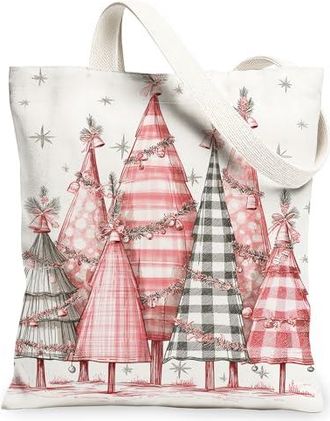 Generic Sacs fourre-tout en toile motif sapins de No&euml;l, sacs d&eacute;picerie r&eacute;utilisables, rustiques, l&eacute;gers, lavables &agrave; l&eacute;paule S, Blanc, 13x15 Inch