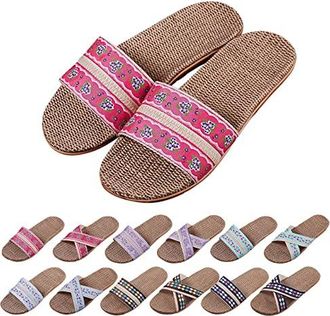 Generic Pantoufles dété pour femme - Antidérapantes - En rotin - Style bohème - Sandales plates - Légères et respirantes - En bambou - Confortables, bleu fonc