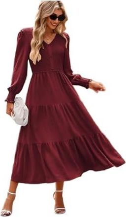 Kate Kasin Robe d&eacute;contract&eacute;e &agrave; manches longues pour femme - Col en V - Longueur maxi - Corsage smock&eacute; avec poches - Taille &eacute;lastique - Ligne A - Pour le travail 