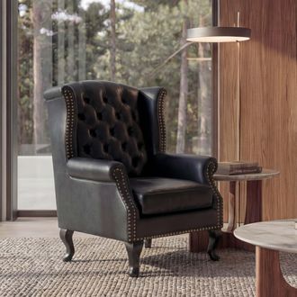 Mendler Sessel Relaxsessel Clubsessel Ohrensessel Chesterfield-AM, Kunstleder - schwarz ohne Ottomane