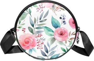 Generic Petit sac &agrave; bandouli&egrave;re circulaire pour femme, motif feuilles florales, sac &agrave; dos avec fermeture &eacute;clair, bretelles r&eacute;glables, sac &agrave; main rond d&eacute;contra