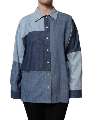 Dolce & Gabbana Womens Blue Cotton Button Up Collared Long Sleeve Top
